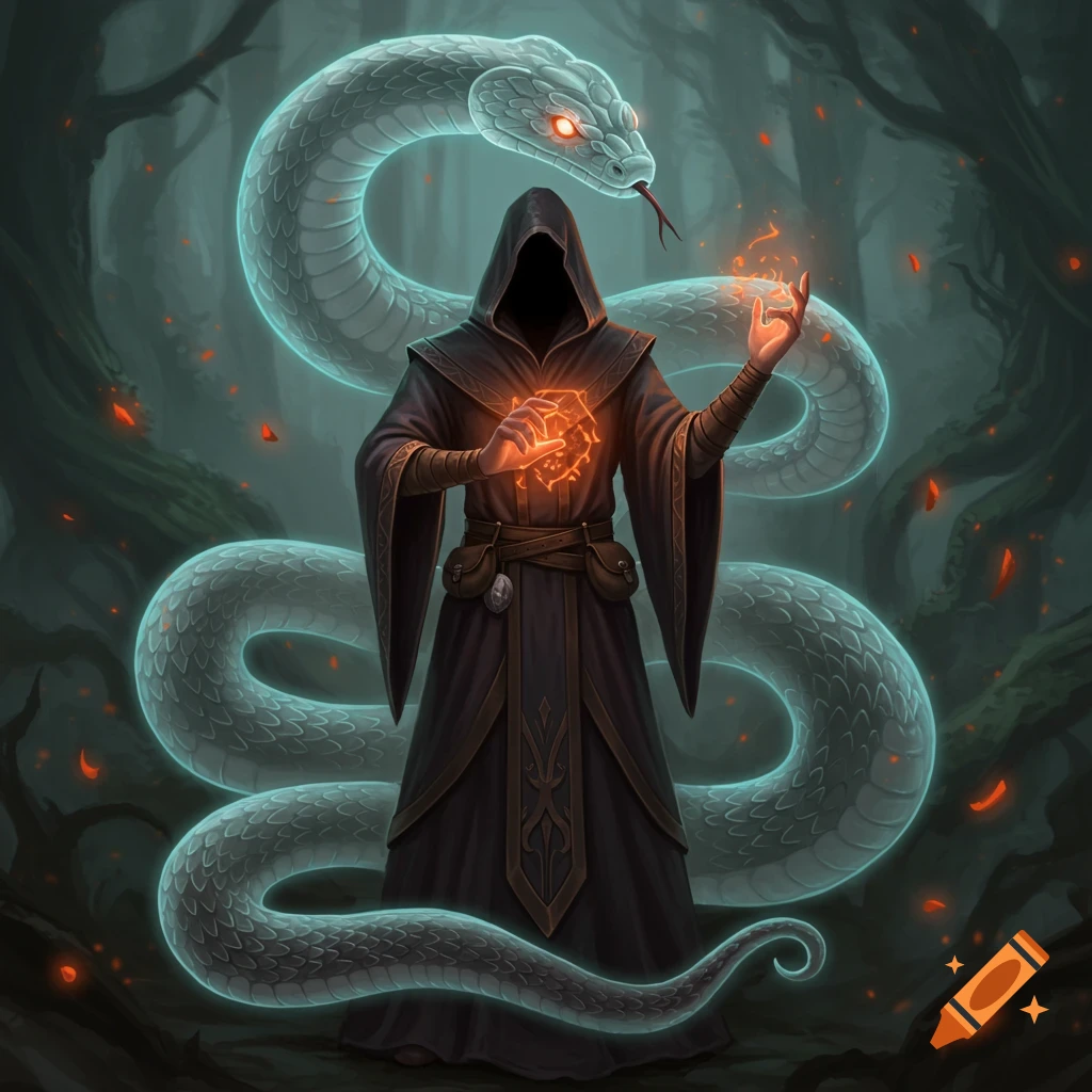 A hooded wizard casts a spell with a glowing snake in an enchanted ...