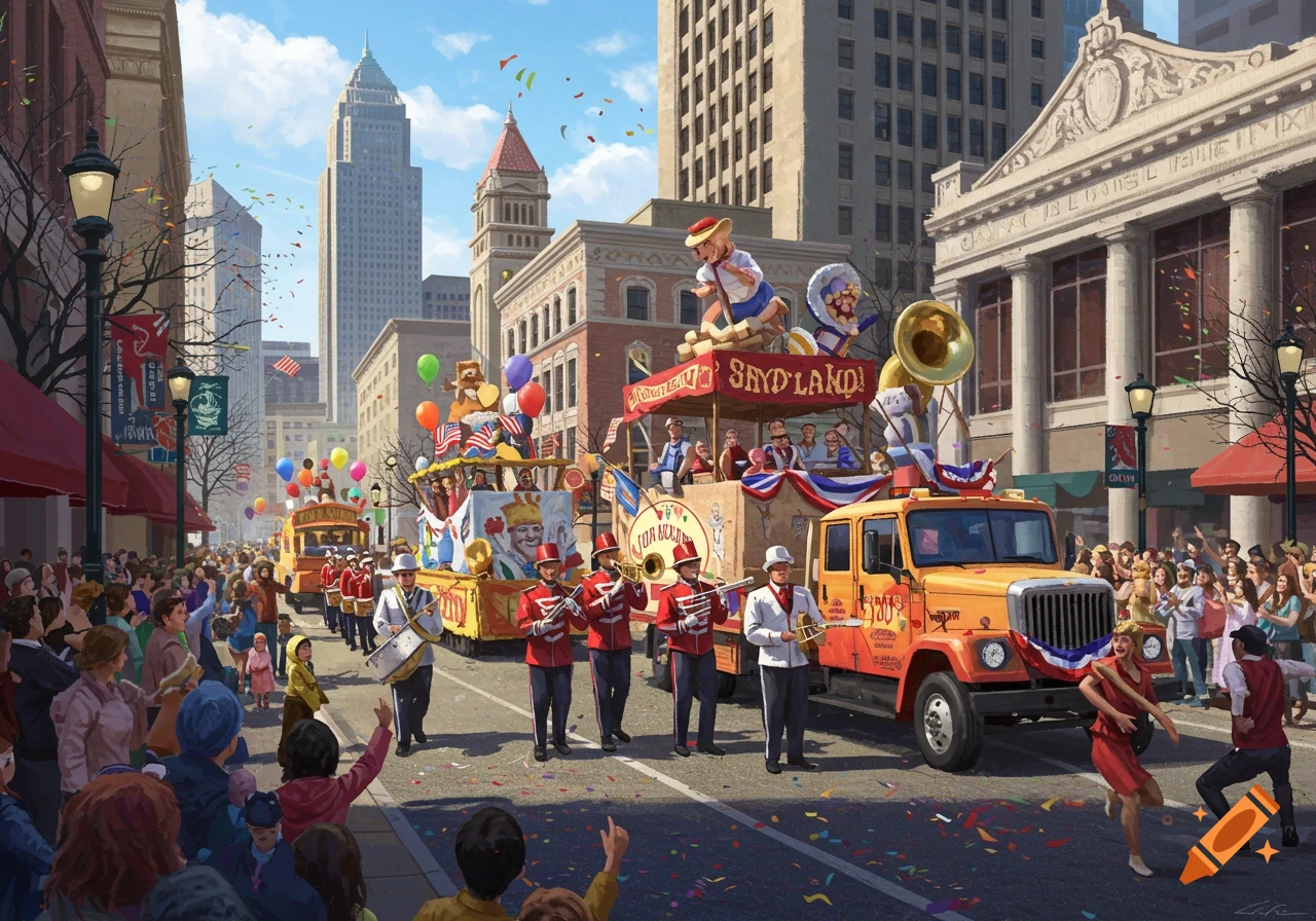 A parade with floats, a marching band, and crowds walks down a sunny ...