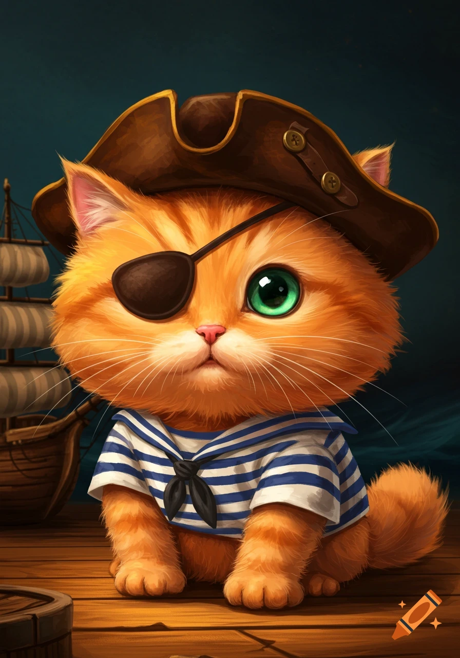 A cute orange tabby kitten dressed as a pirate, wearing a hat and eye ...