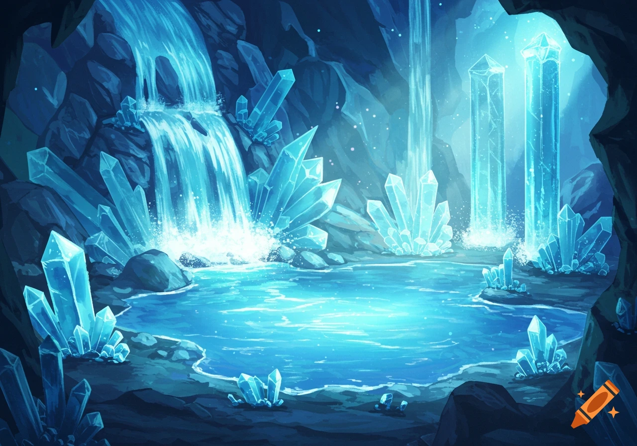 Fantasy illustration of a cave with a waterfall, pool, and large blue ...