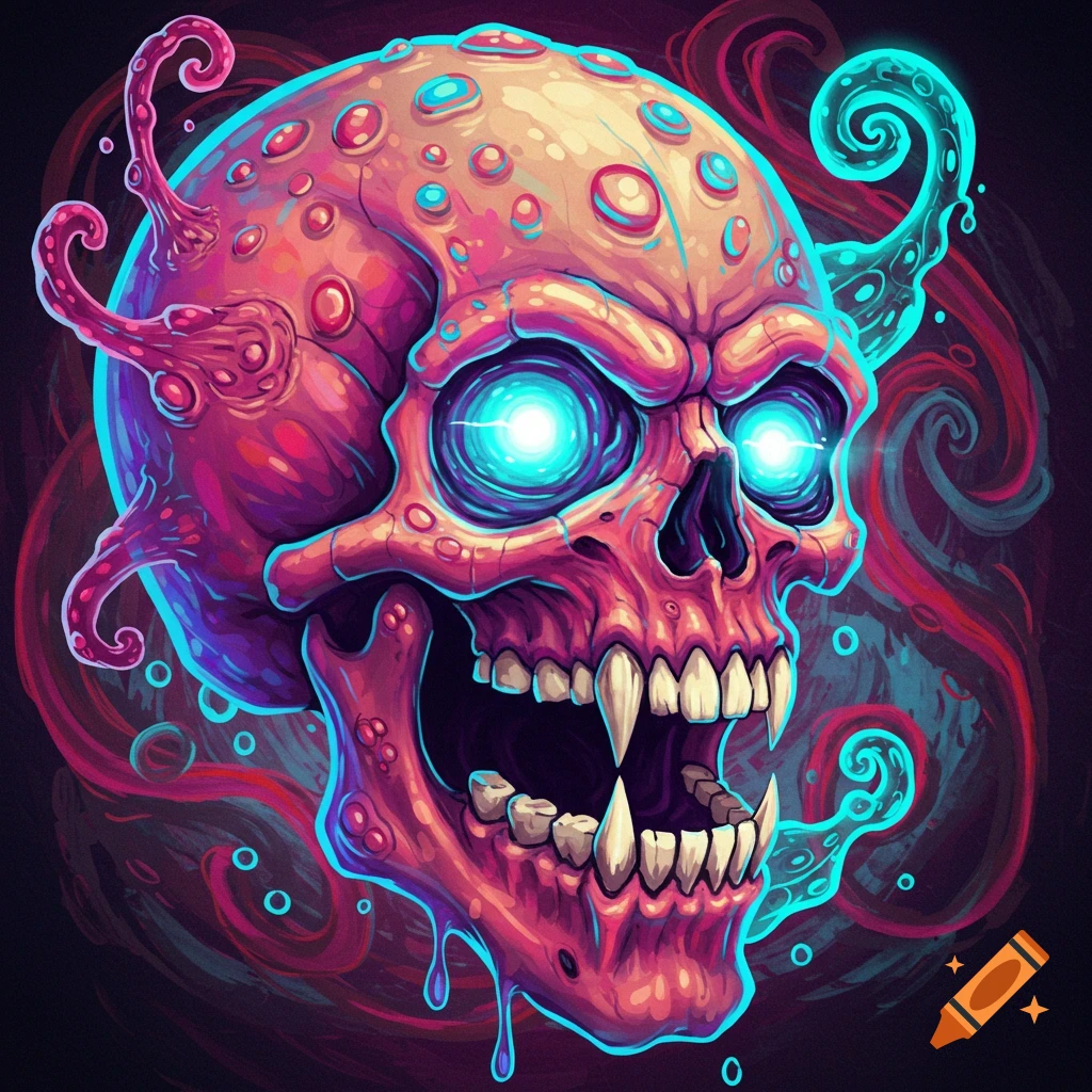 Stylized illustration of a monstrous skull with glowing blue eyes, sharp teeth, tentacles, and ...
