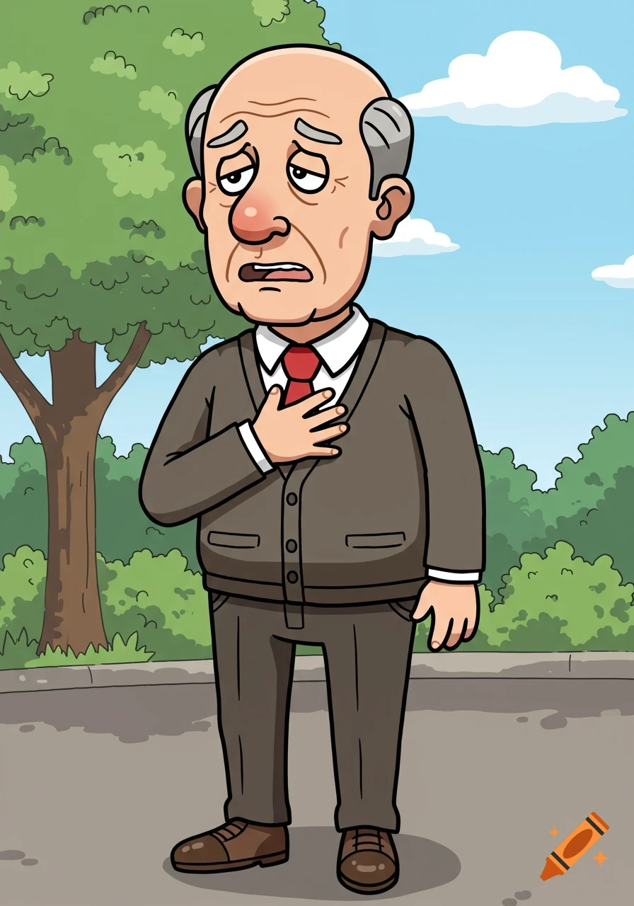 Cartoon illustration of an older man in a cardigan looking unwell ...