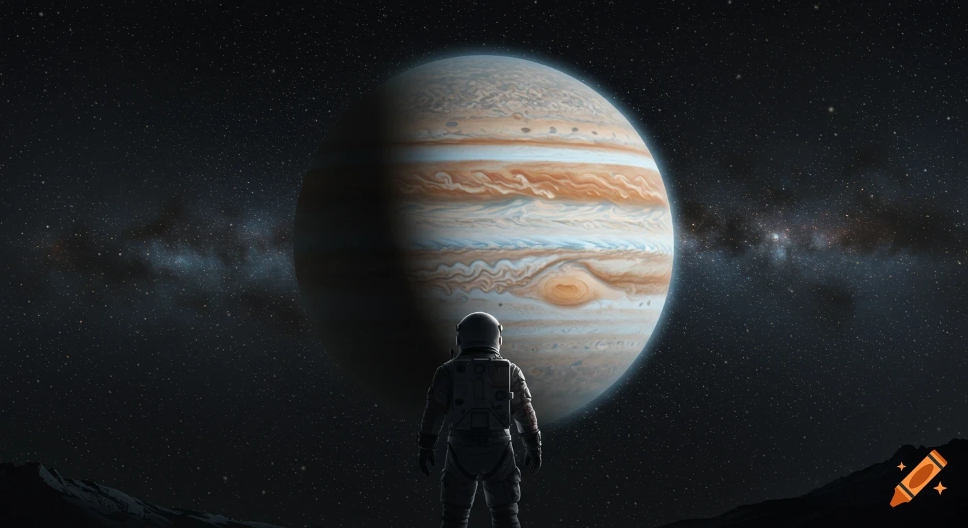 An astronaut stands on a surface looking up at Jupiter in space with ...