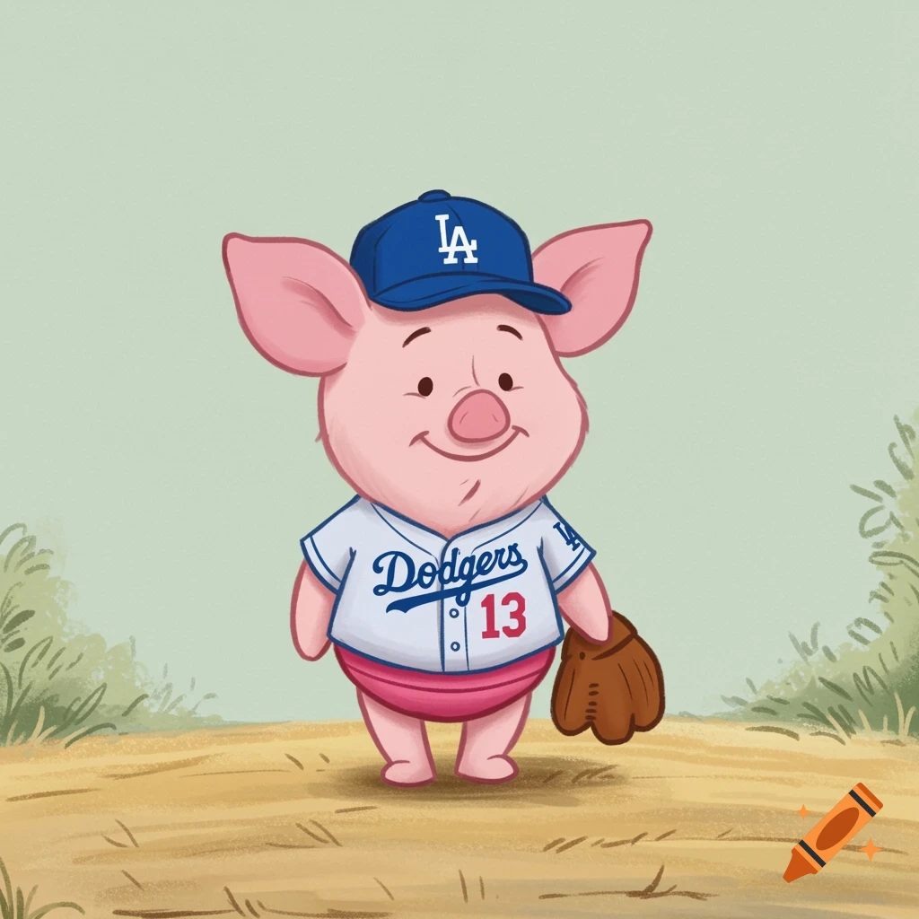Cartoon pig character wearing an LA Dodgers baseball uniform and glove ...