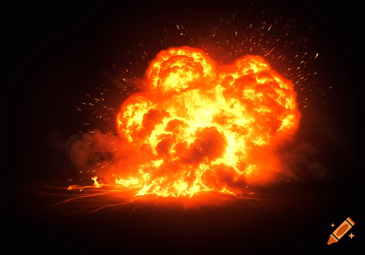 A large, bright orange and yellow fireball explosion with smoke and ...