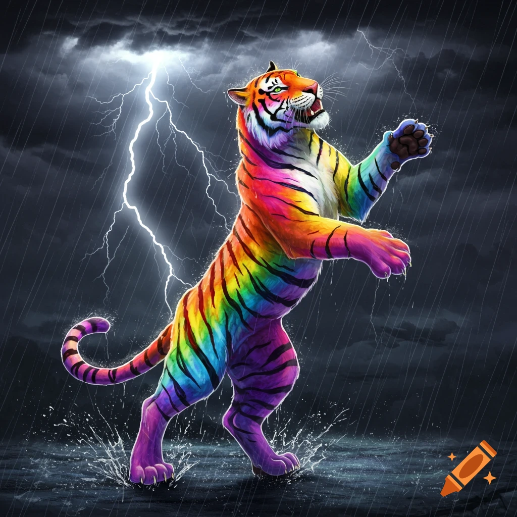 Rainbow colored tiger standing in a thunderstorm with lightning and ...