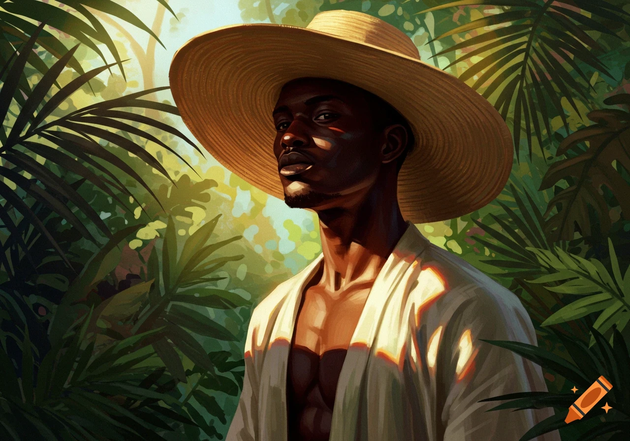 A painted portrait of a Black man wearing a wide-brimmed straw hat, standing in a lush jungle ...