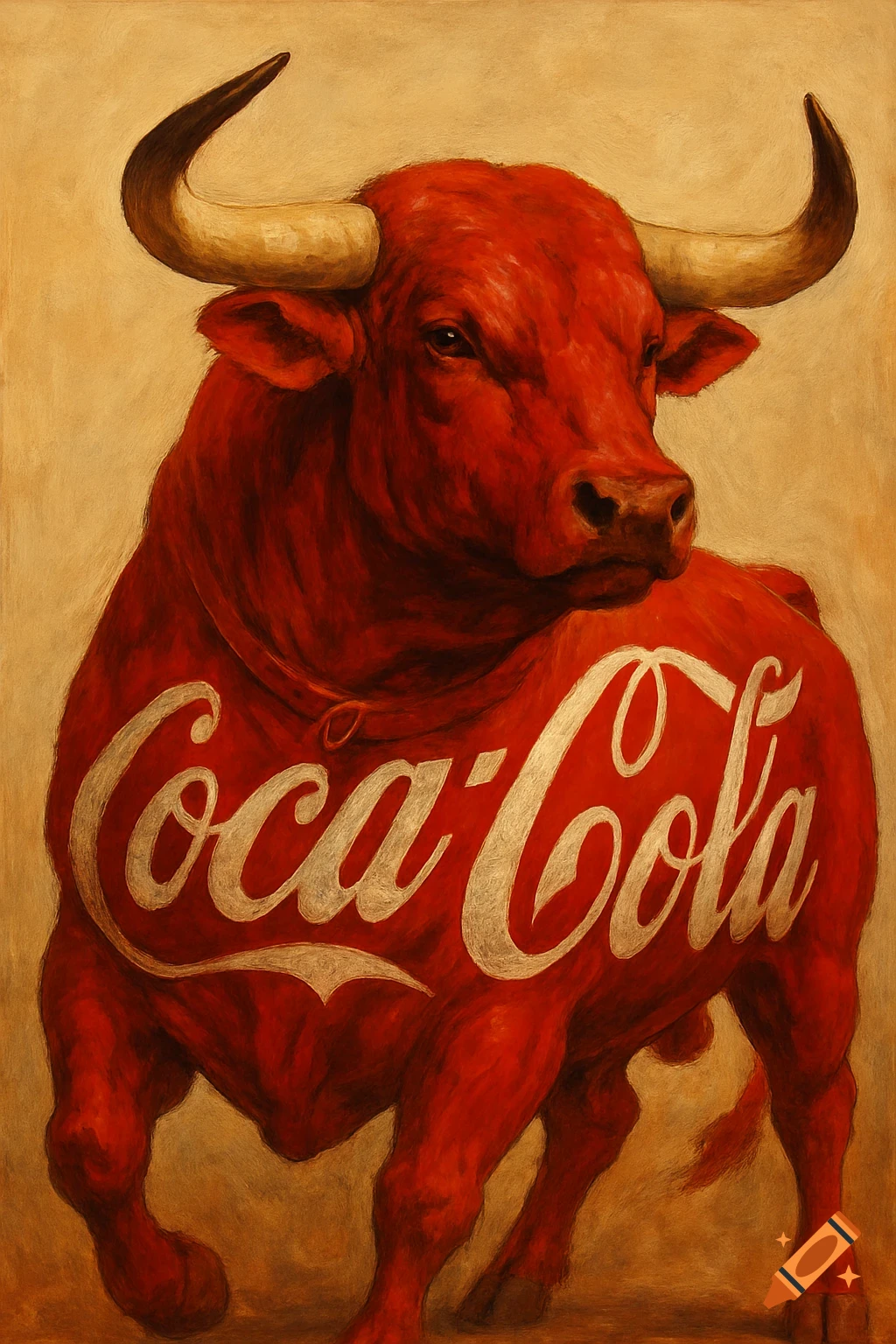 Red bull with white Coca-Cola logo painted on its side in a painterly ...