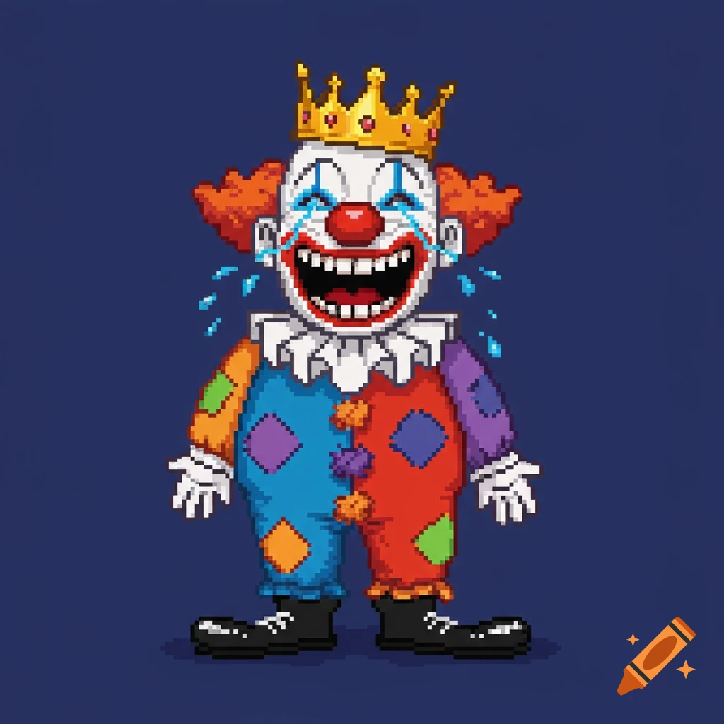 Pixel art clown with a crown laughing hysterically and crying tears on ...