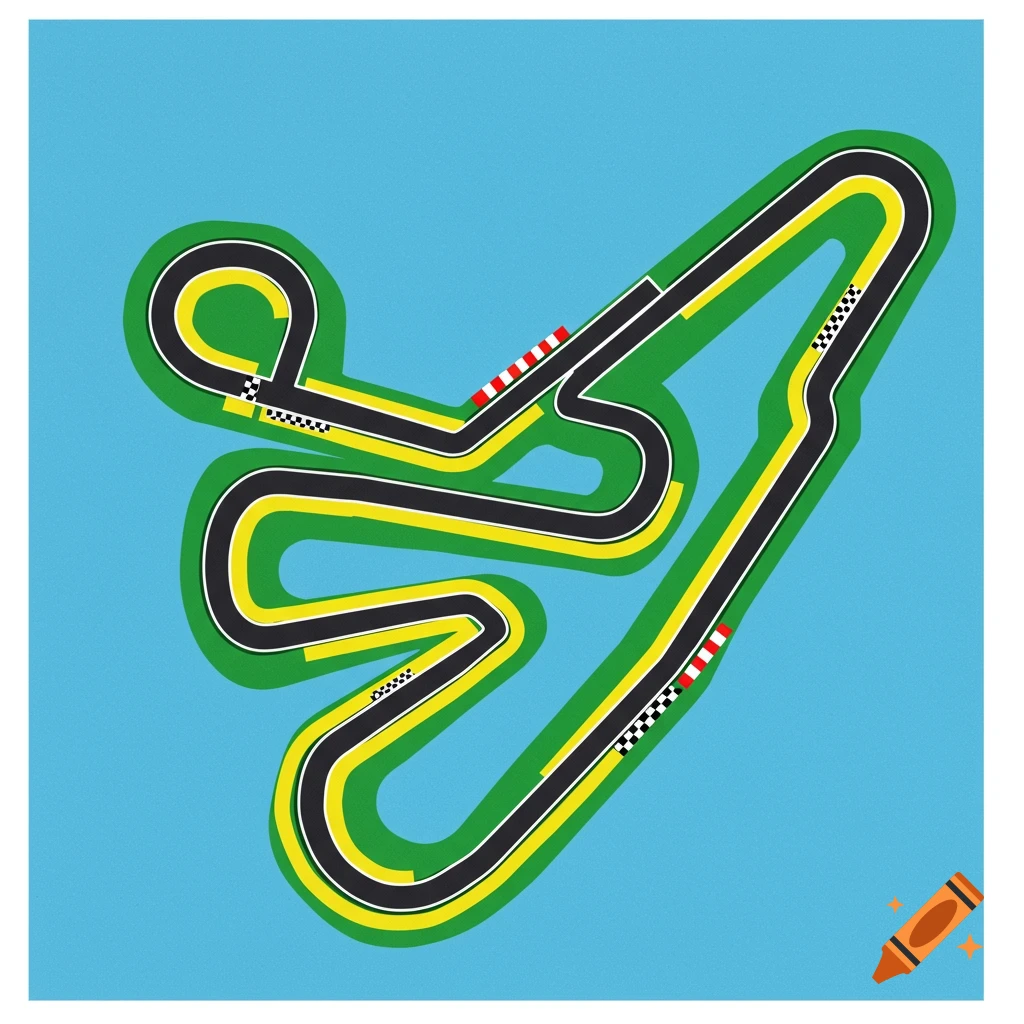 Overhead view of a serpentine race track with start/finish lines and ...