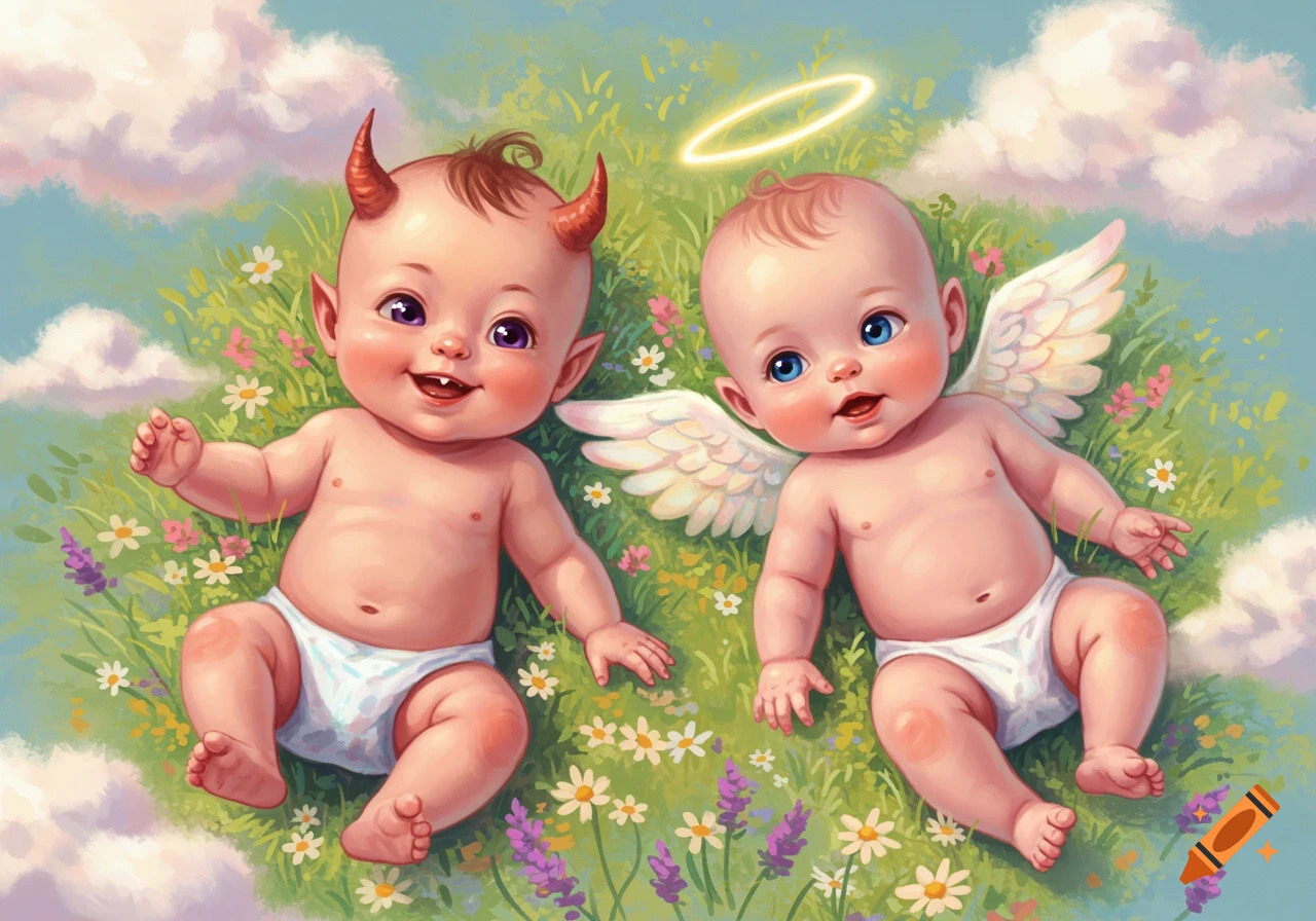 Illustration of a baby devil and a baby angel lying on grass with flowers on Craiyon
