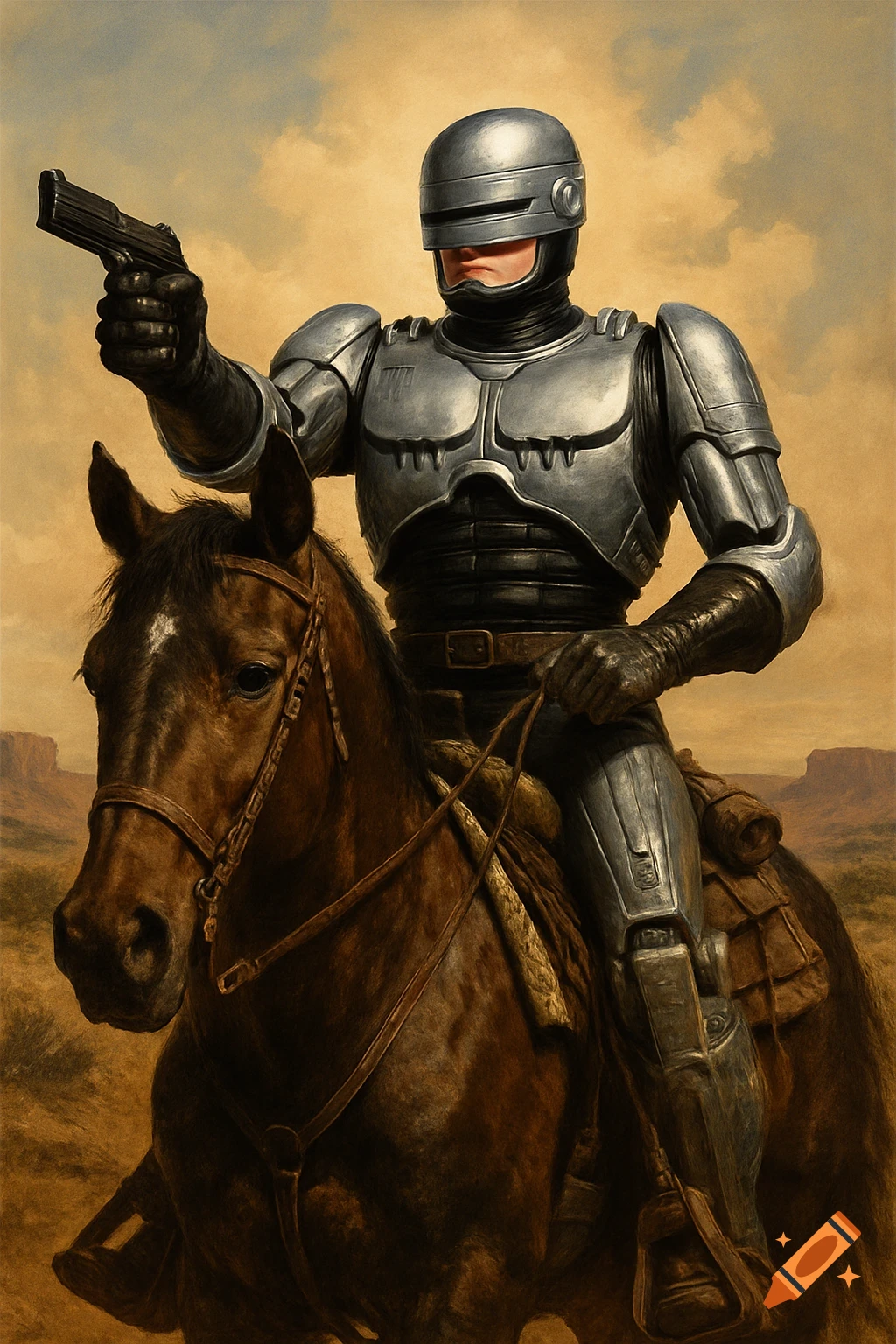 Robocop riding a horse in a western landscape, aiming a pistol ...