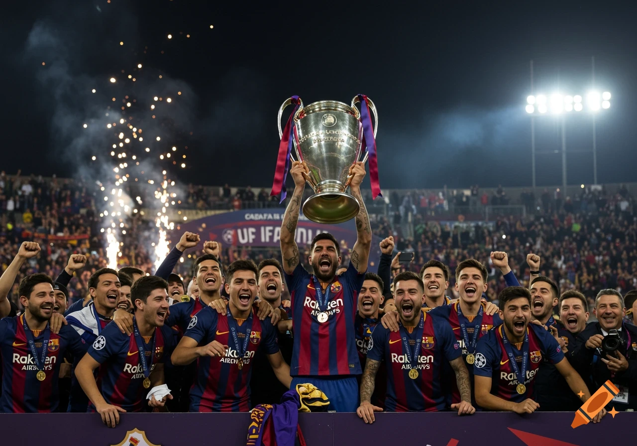 FC Barcelona soccer players lift the Champions League trophy during a ...