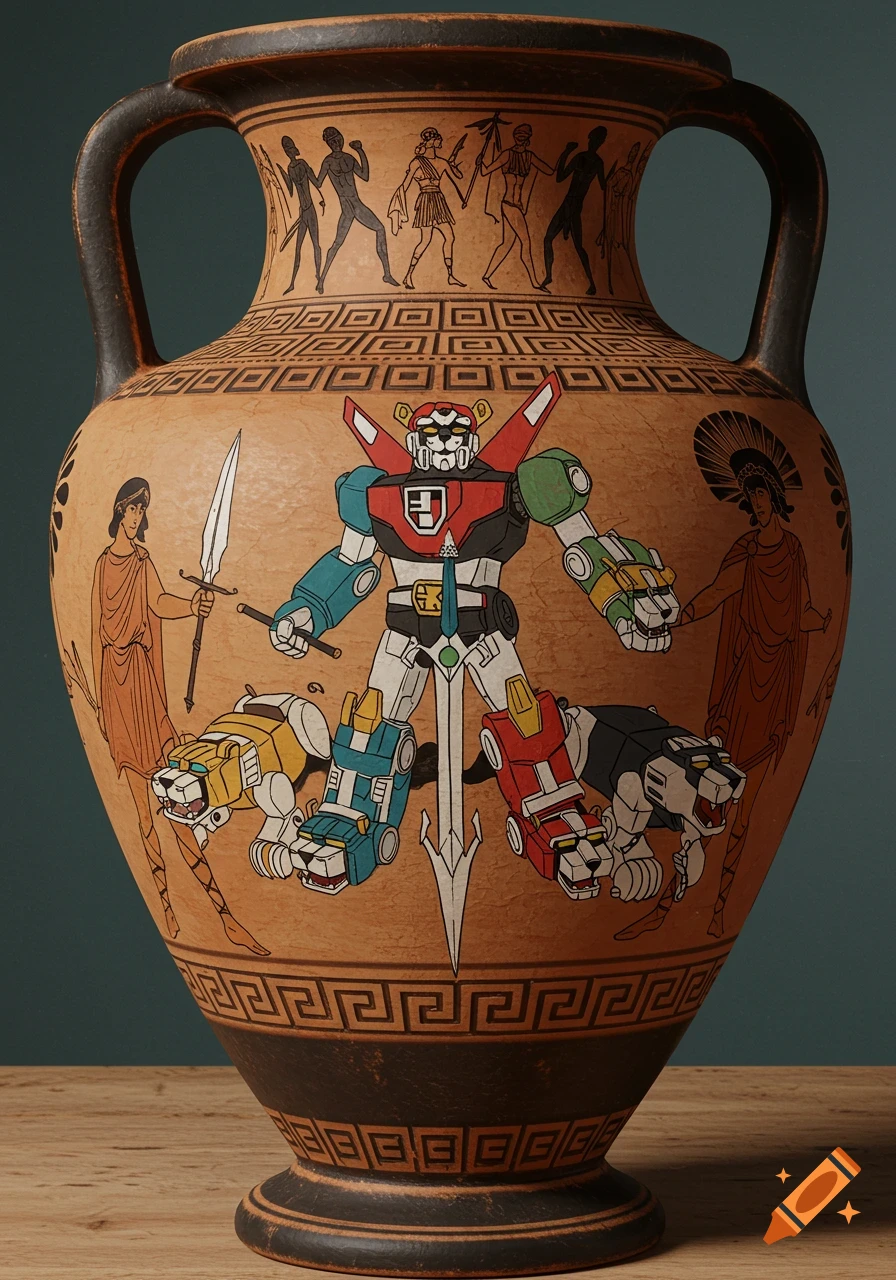Greek vase decorated with Voltron and robot lions in ancient Greek art ...