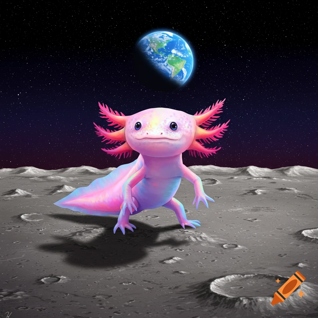 A rainbow-colored axolotl stands on the moon's surface, looking at the ...