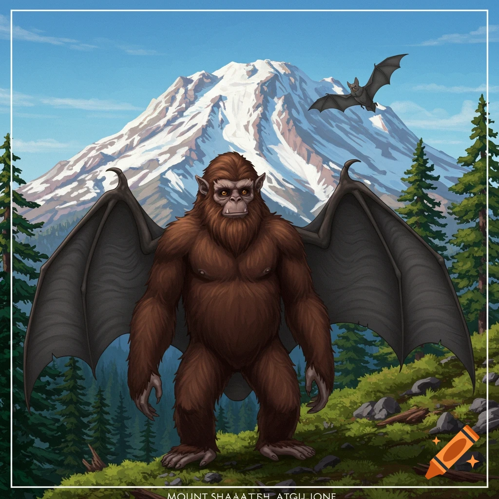 A large, brown ape-like creature with bat wings stands in a mountain ...
