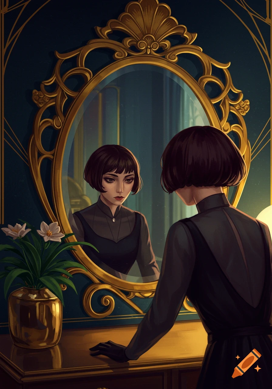 Illustration of a woman looking into an ornate mirror in a dimly lit ...