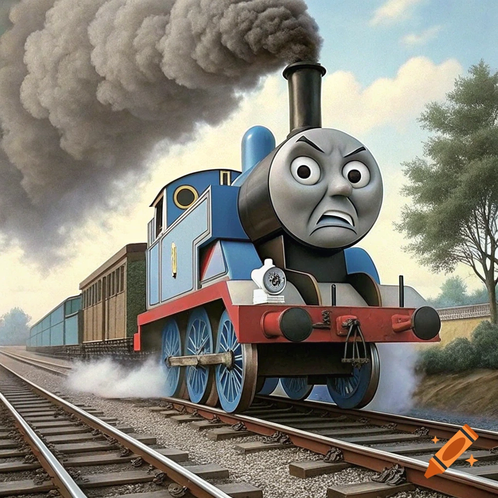 An angry Thomas the Tank Engine train on tracks emits smoke from its ...