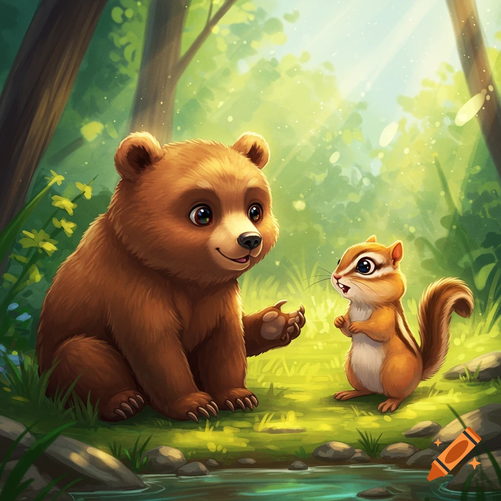 Cute bear and chipmunk talking in a sunny forest illustration on Craiyon