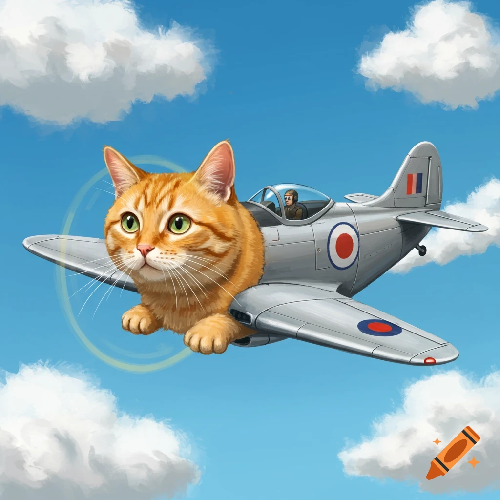 An illustration of a large orange tabby cat flying in a silver airplane ...