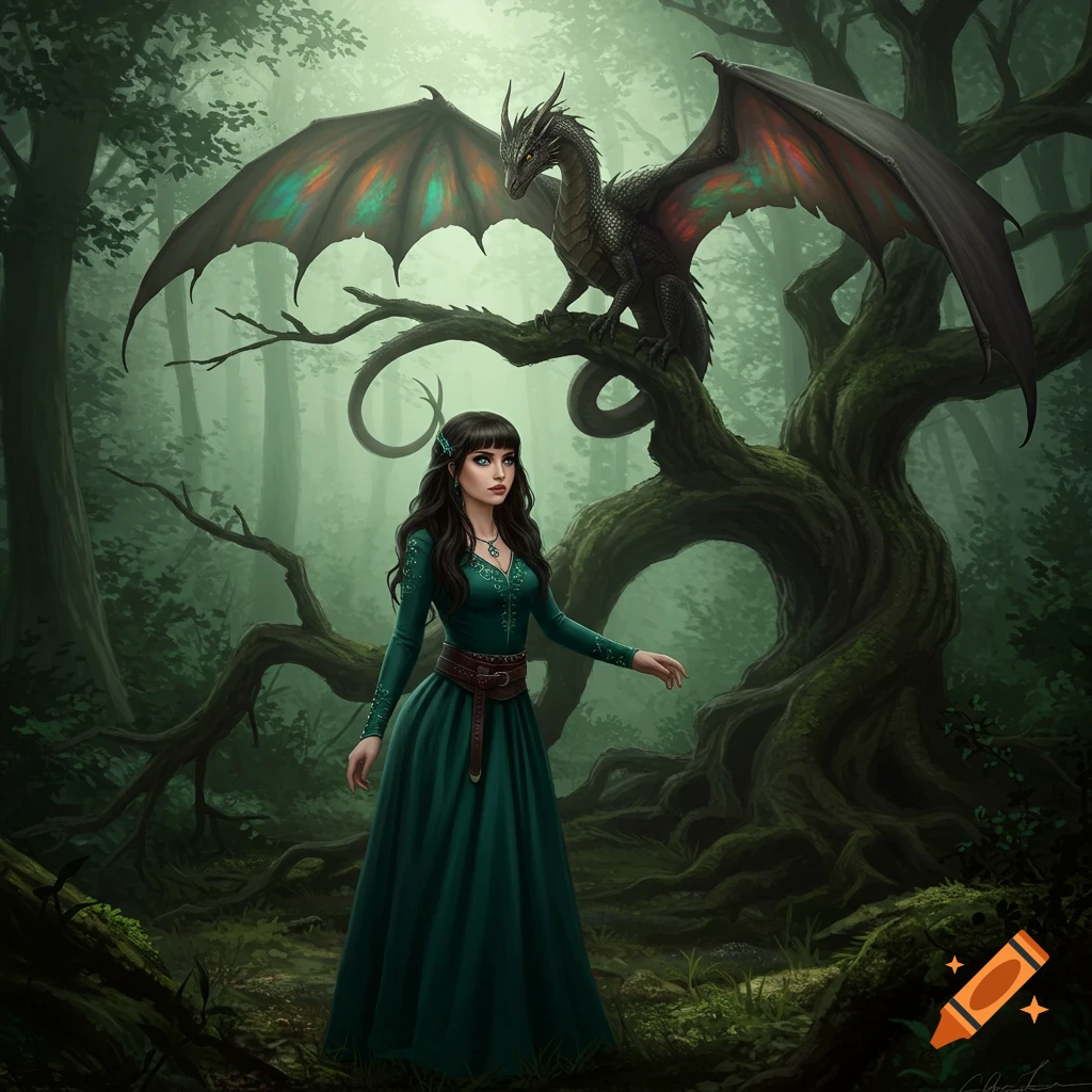 A woman in a green dress stands in a forest with a dragon perched on a ...