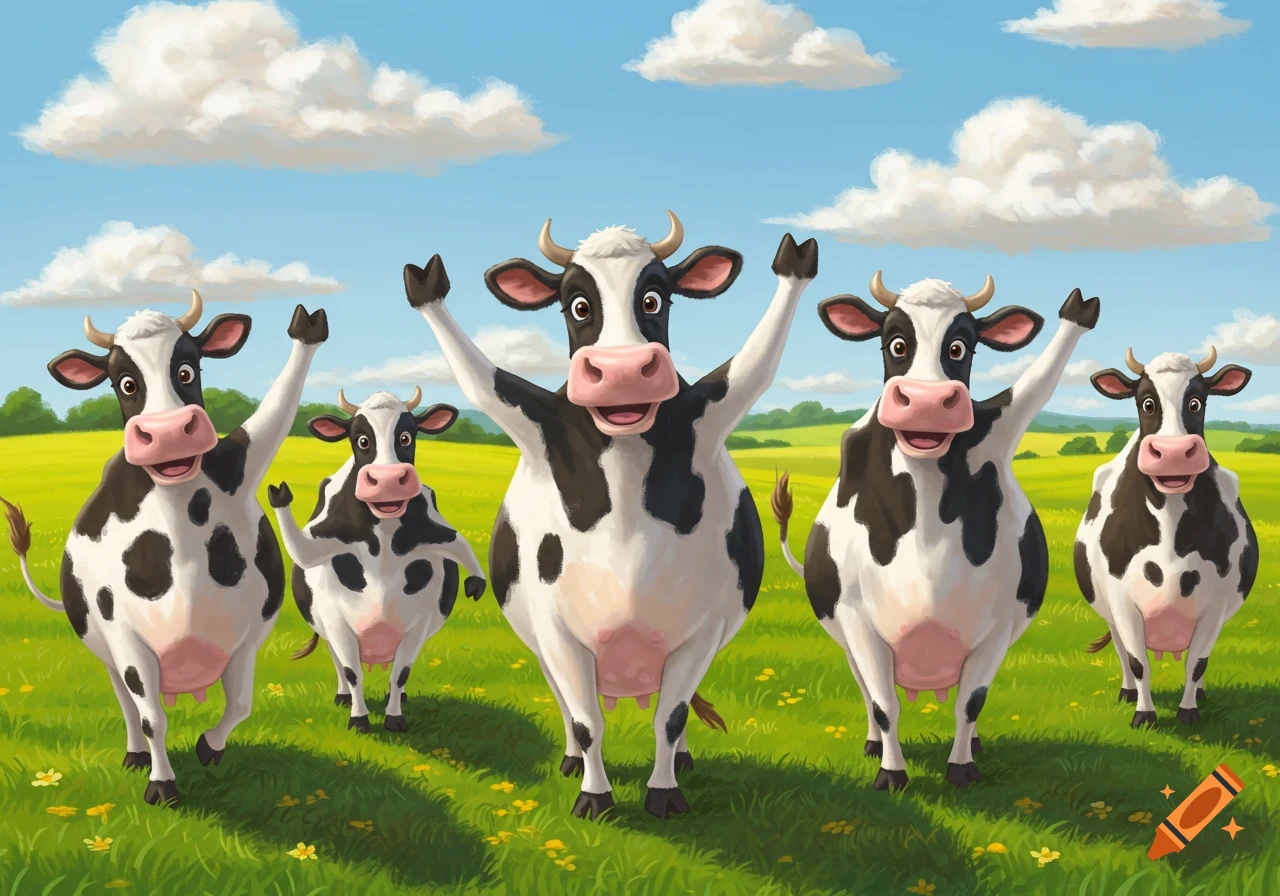Cartoonish cows in a field waving on Craiyon