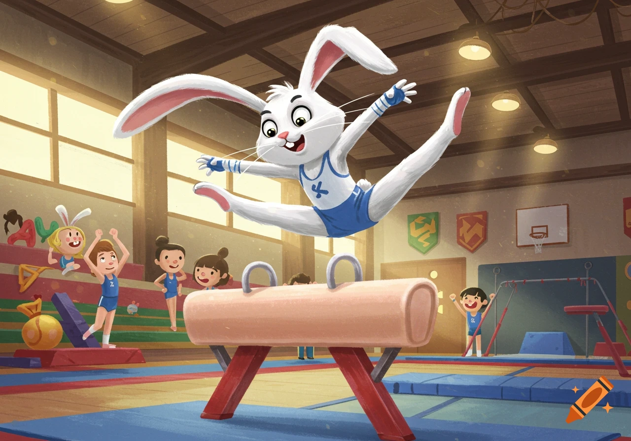 Cartoon rabbit does a straddle jump over a pommel horse in a gym with ...
