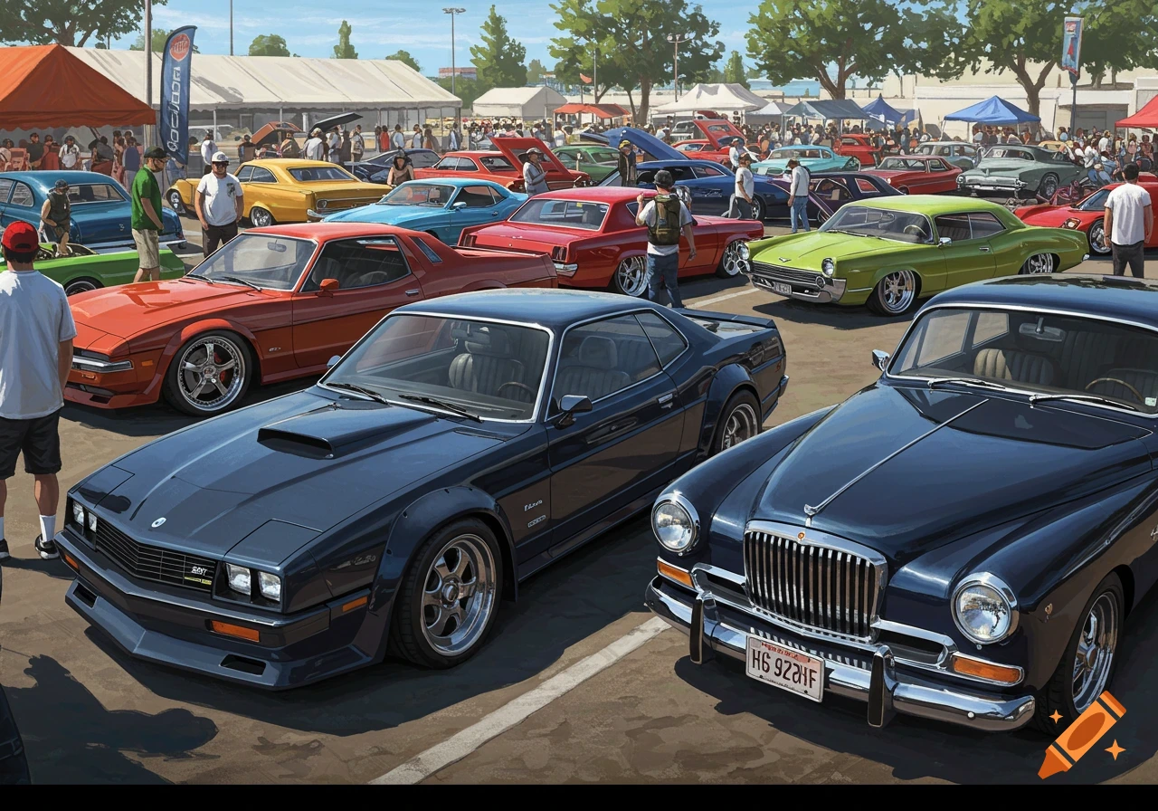 A crowded outdoor car show features a variety of classic and modified ...