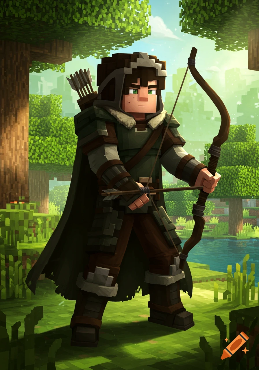 Minecraft style character dressed as an archer in a forest clearing ...