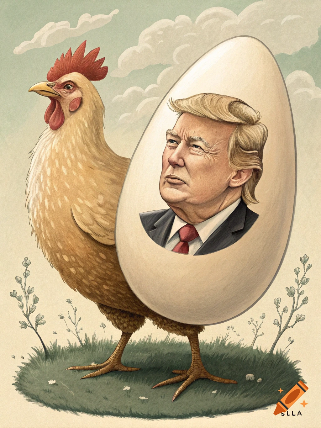 Illustration of a chicken standing next to an egg with Donald Trump's ...