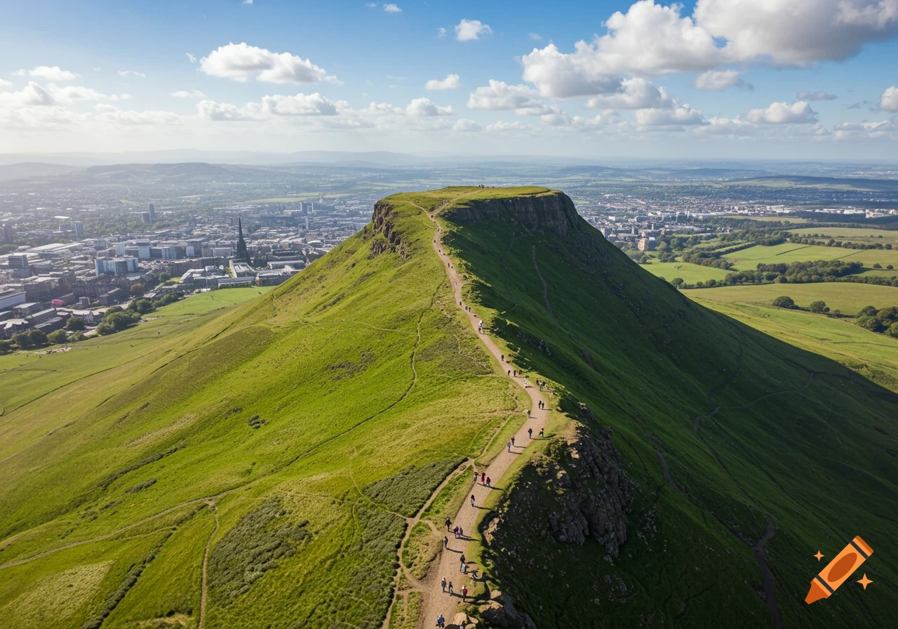 Realistic photo of a large green hill, Arthur's Seat, with people ...