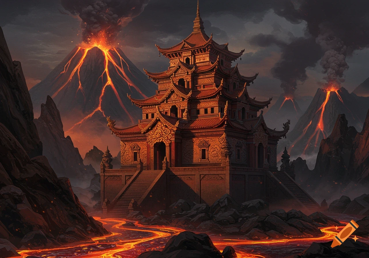 An ancient Asian temple stands near erupting volcanoes and flowing lava. on Craiyon