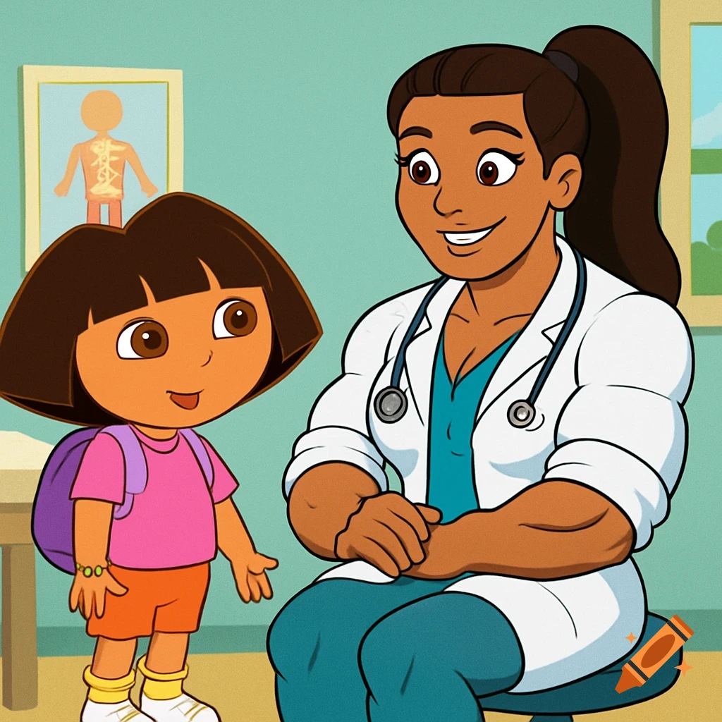Cartoon of Dora The Explorer meeting a muscular female doctor during a ...