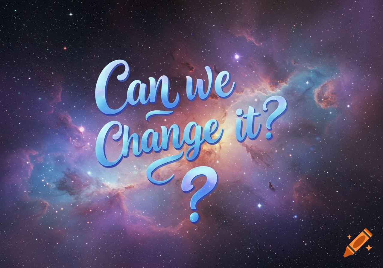 Stylized text 'Can we Change it?' floats over a deep space galaxy with stars. on Craiyon