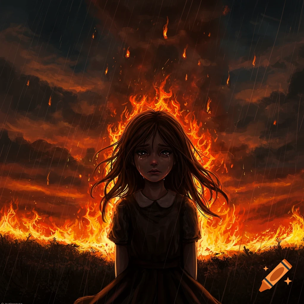 Digital art of a crying girl in a dark dress standing before flames and ...