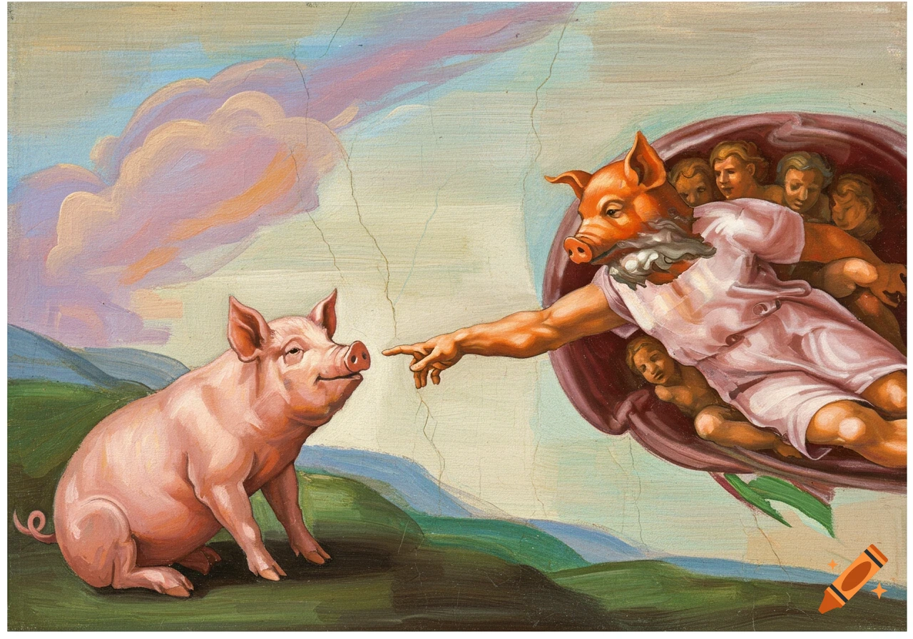Painting of a pig as Adam and a pig as God reaching out to touch ...