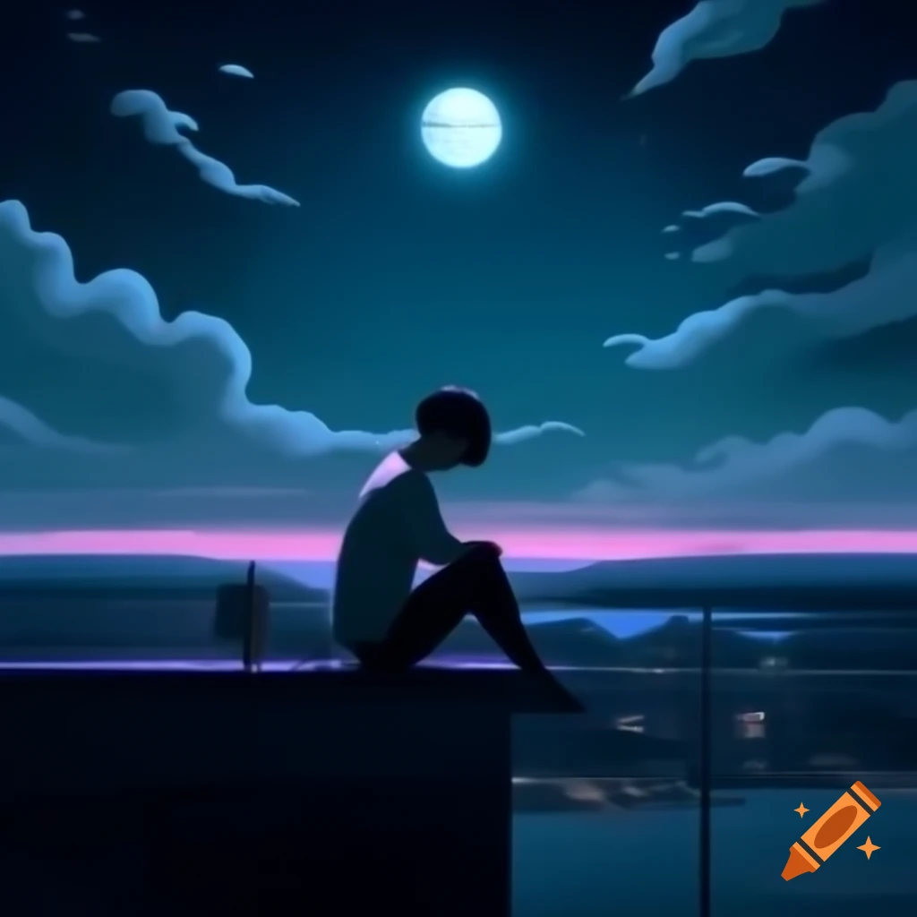 Young man sitting alone on rooftop under glowing full moon on Craiyon