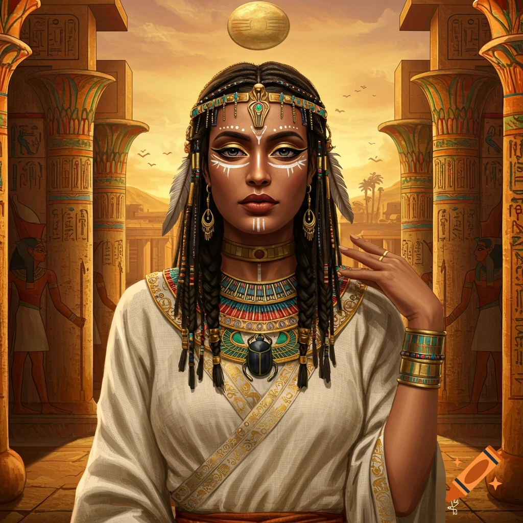 Portrait of a woman in intricate ancient Egyptian attire and makeup ...