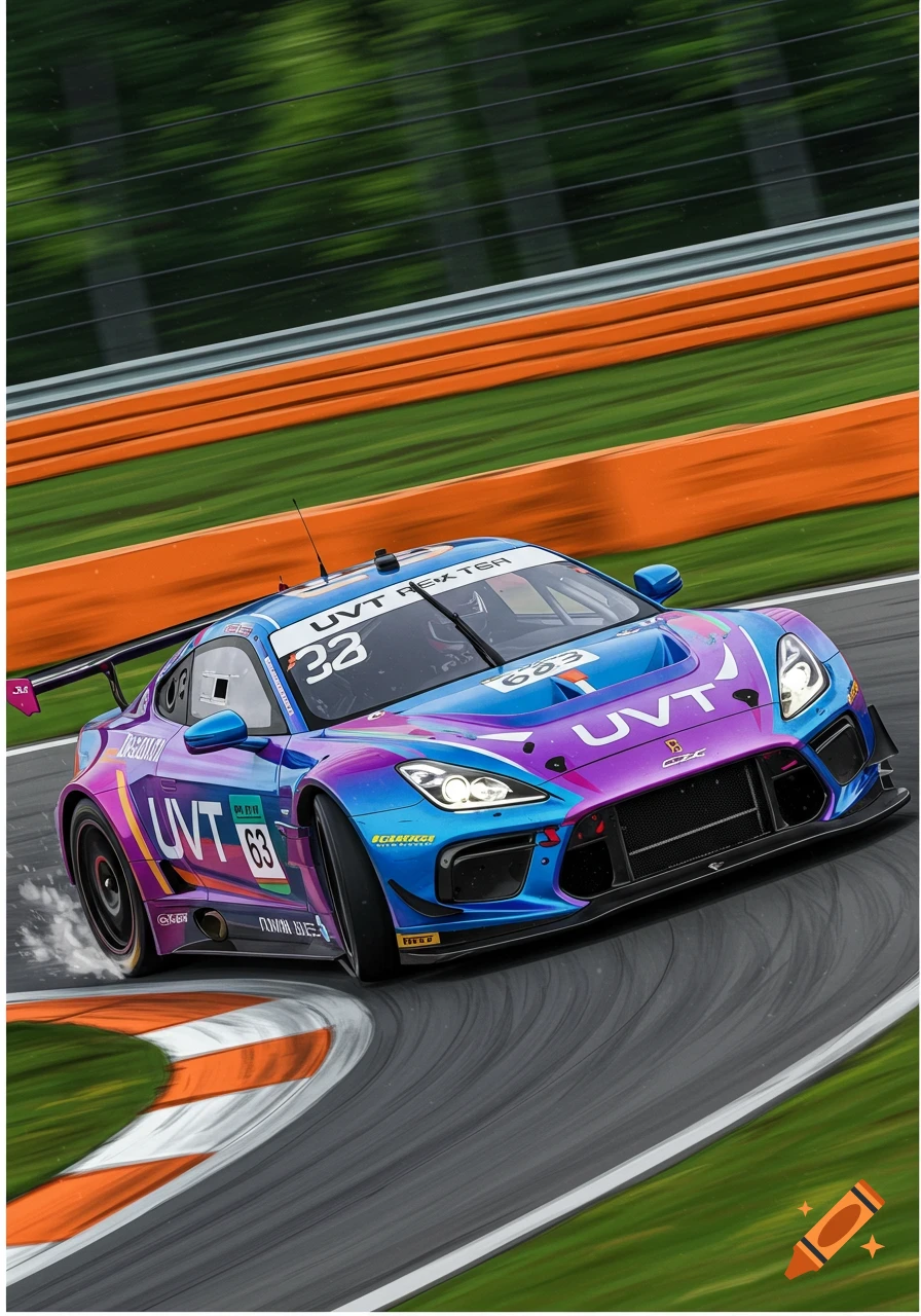 A racing car with a blue and purple livery speeds around a track. on ...