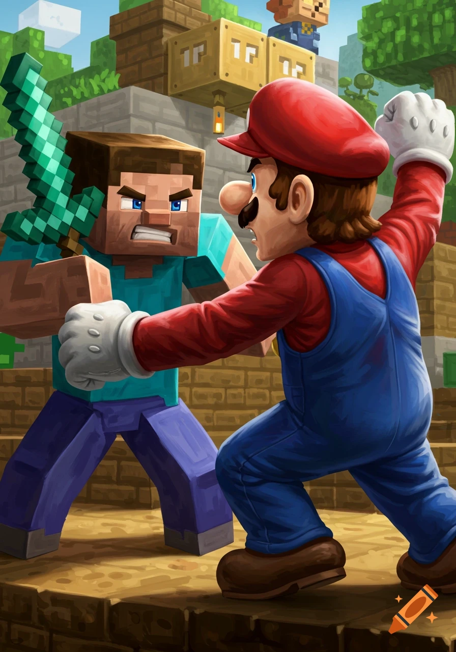 Minecraft Steve faces off against Super Mario in a realistic video game ...