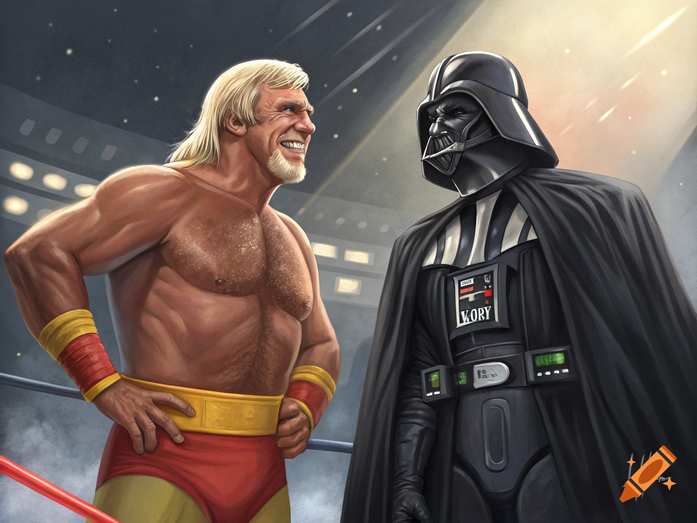 Hulk Hogan faces Darth Vader in a wrestling ring, painting on Craiyon
