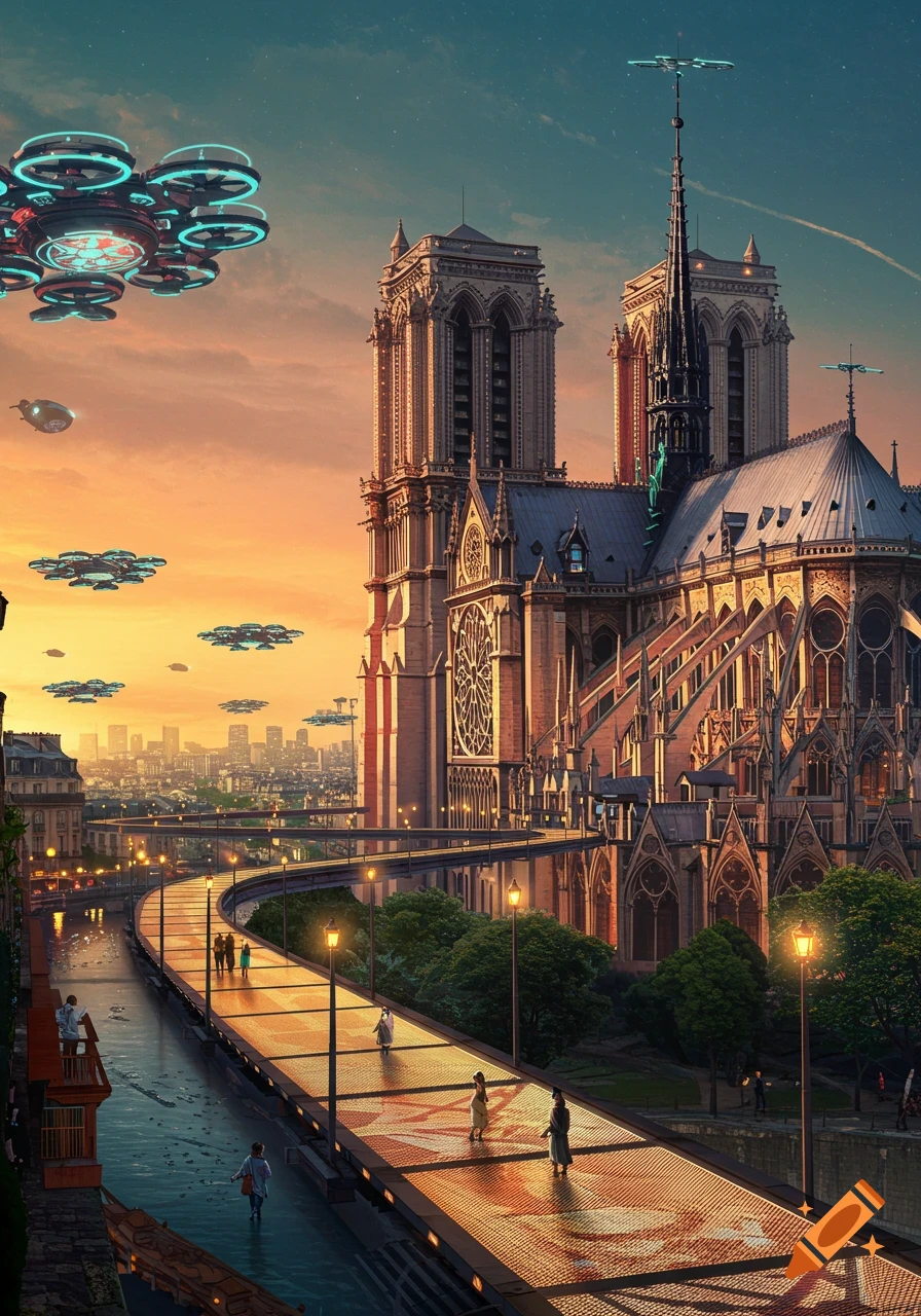 Futuristic Notre Dame cathedral in a city with flying drones and an ...