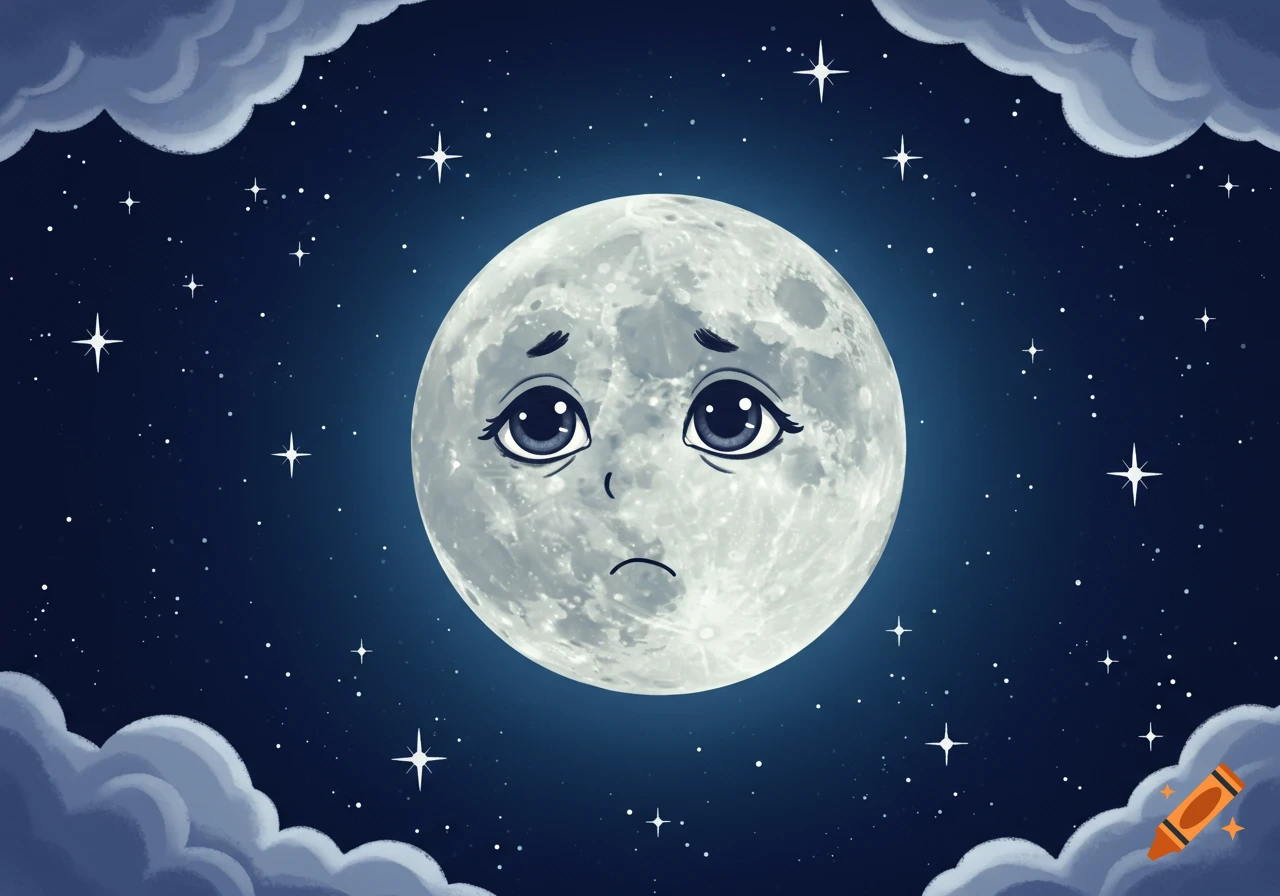 Sad cartoon moon illustration in a starry night sky with clouds. on Craiyon
