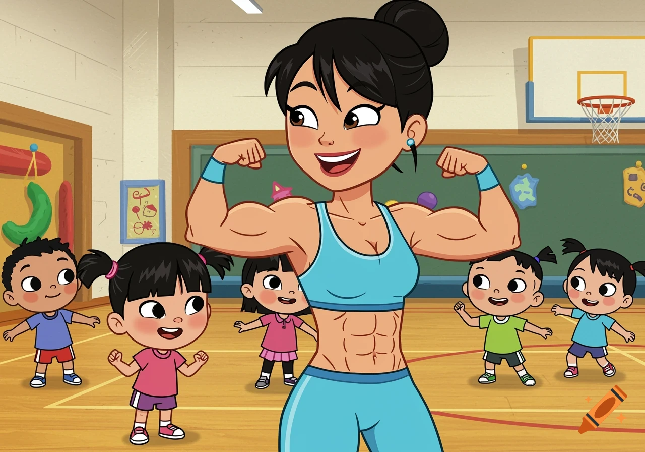 Cartoon gym teacher flexing large muscles in front of children during ...
