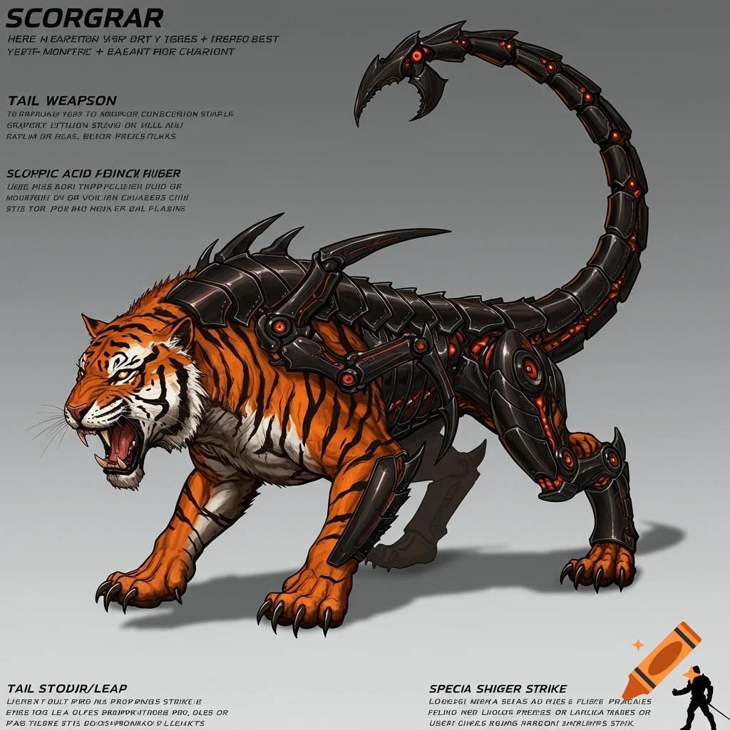 Concept art of a tiger-scorpion bio-mechanical hybrid creature. on Craiyon