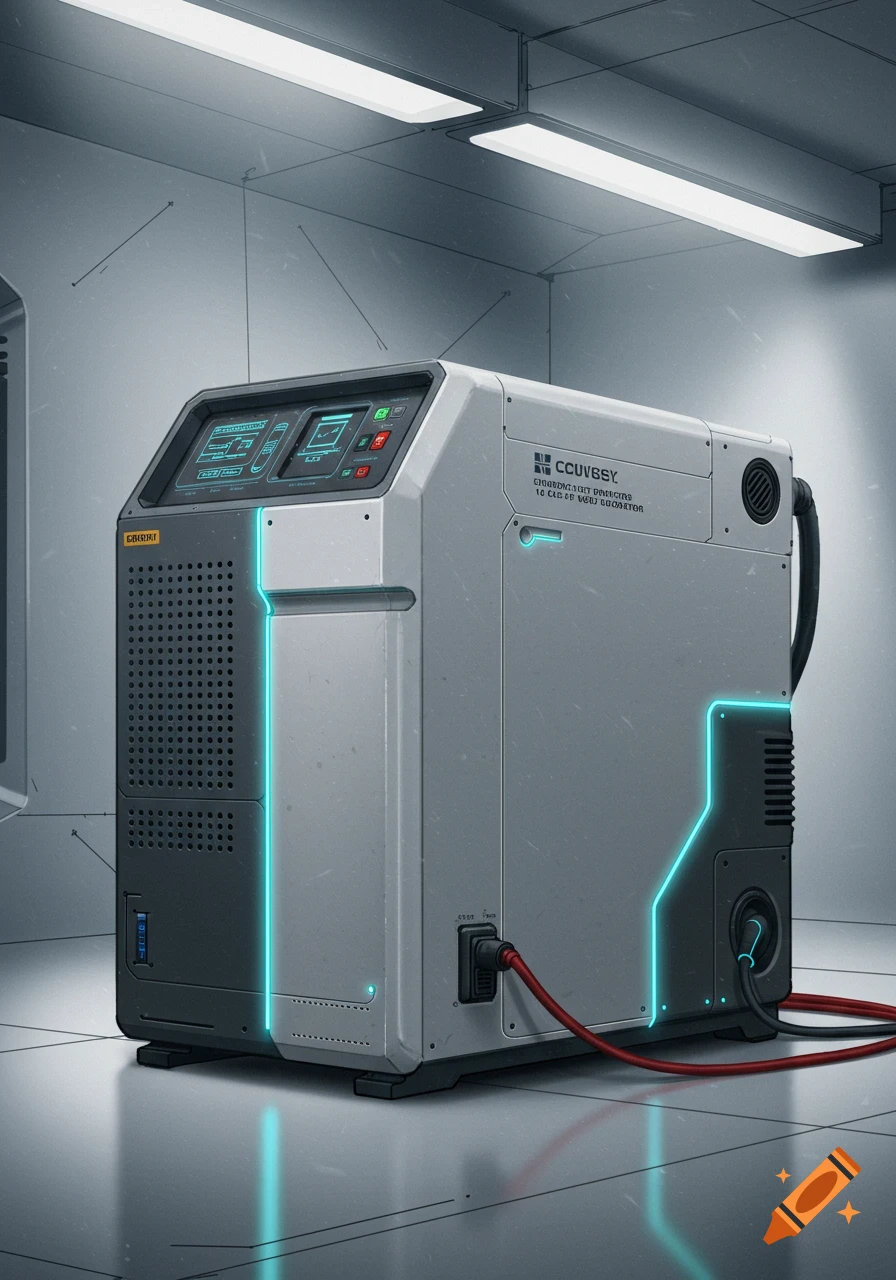 A futuristic generator machine with blue lights in a sci-fi room on Craiyon