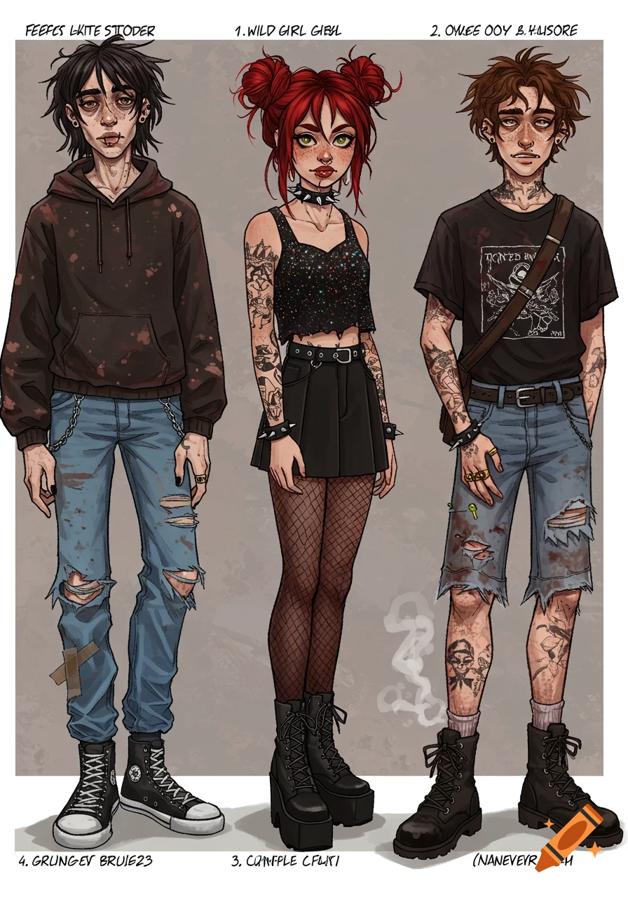 Three characters with tattoos in alternative grunge and punk fashion ...