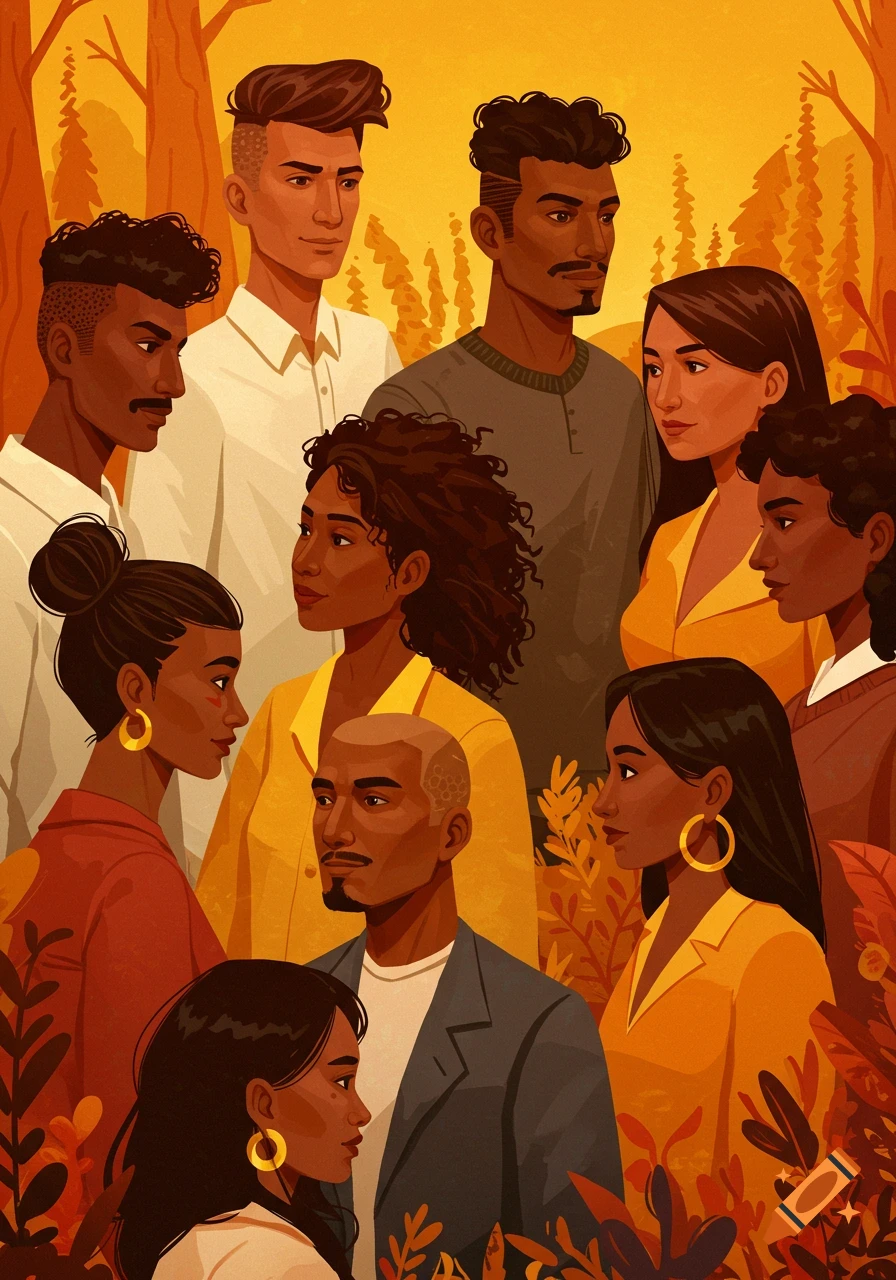 Illustrated diverse group of people in an autumnal forest setting. on ...
