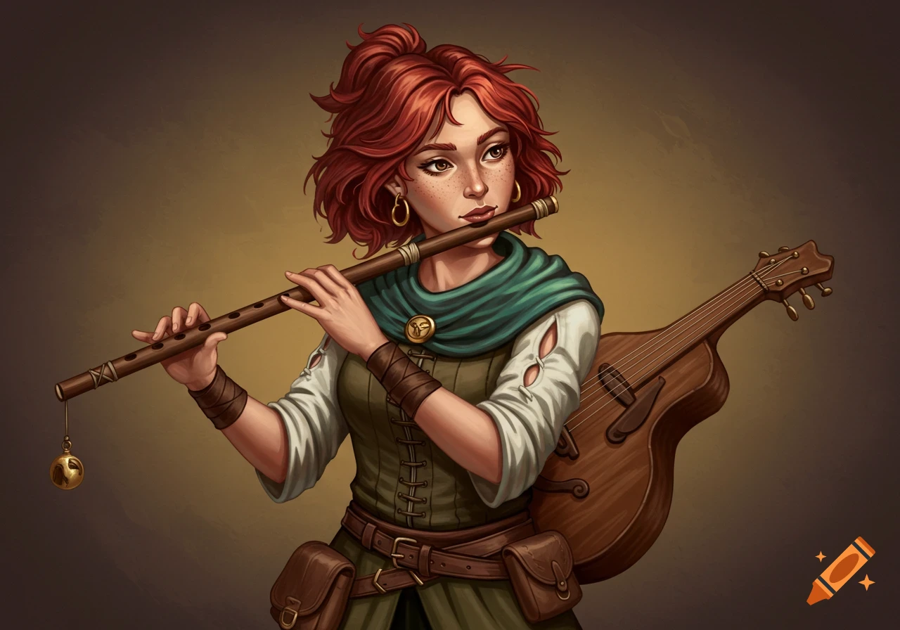 Red-haired woman playing a flute, with a lute behind her, in fantasy ...