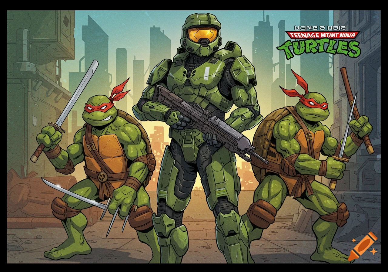 Master Chief stands with two Teenage Mutant Ninja Turtles holding ...